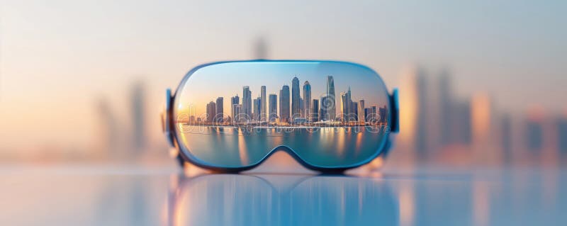 Virtual Reality Headset Displaying a High-tech Cityscape, Immersive ...