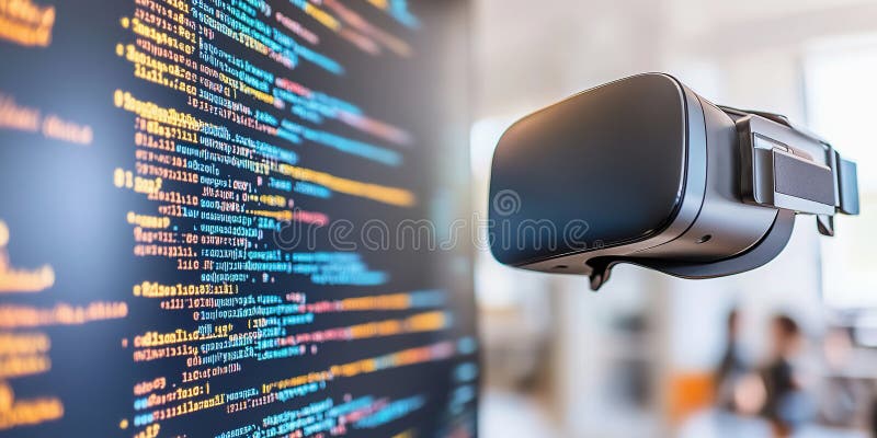 Virtual Reality Headset Displaying Programming Code on Screen Office ...