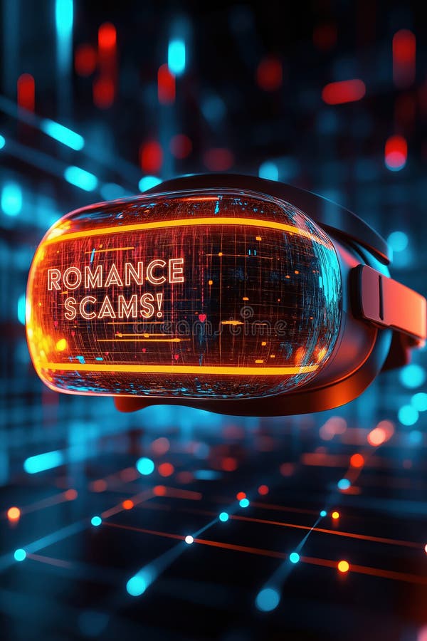 Virtual Reality Headset Displaying Warning about Romance Scams in a ...