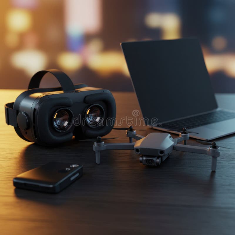 Virtual Reality Headset Drone and Laptop on Dark Wooden Desk Stock ...