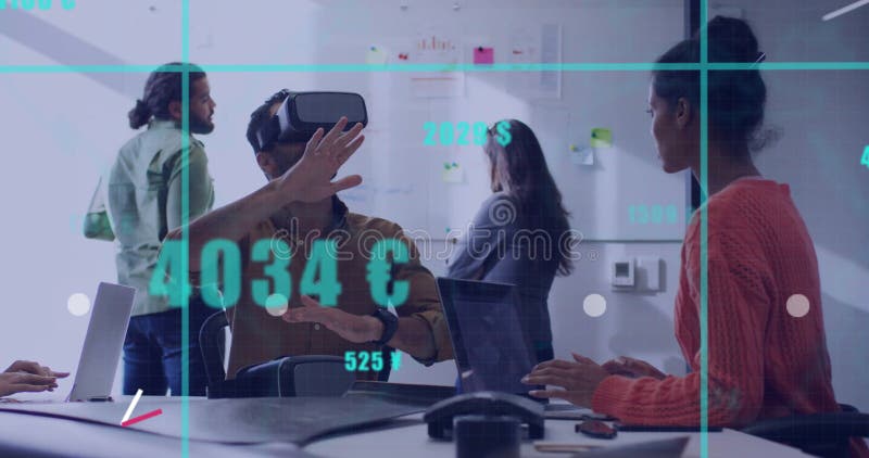 Virtual Reality Headset and Financial Data Image Over Business Meeting ...