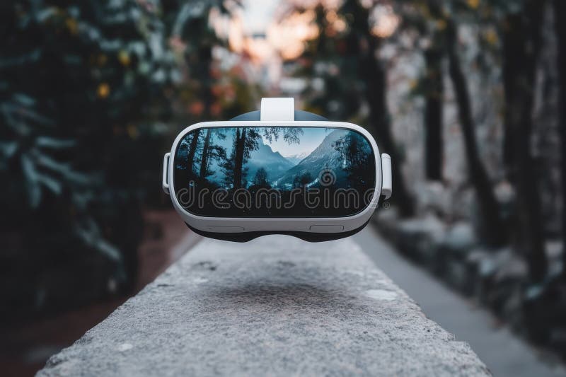 Virtual Reality Headset Floating Above a Stone Path in a Scenic Forest ...