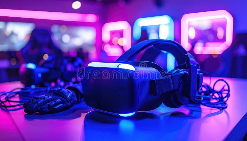 Virtual Reality Headset and Gloves in Neon Gaming Room Showcasing ...