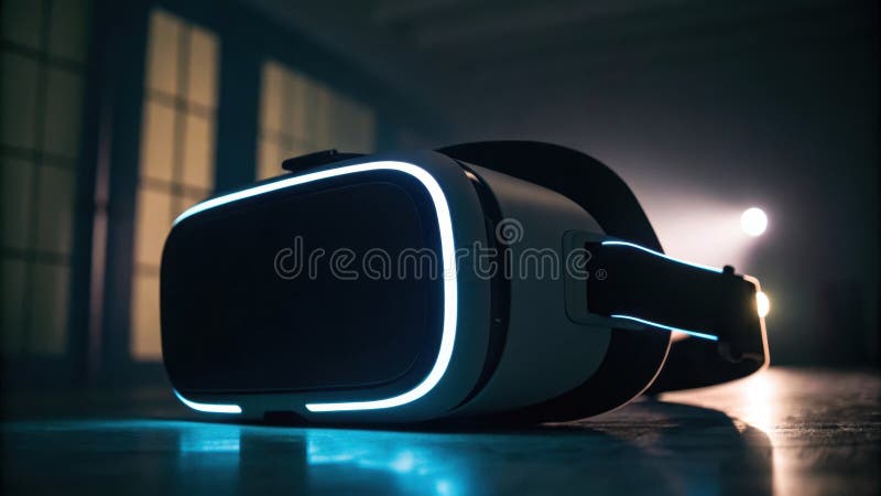 Virtual Reality Headset Glowing in Dark Room Representing Metaverse ...