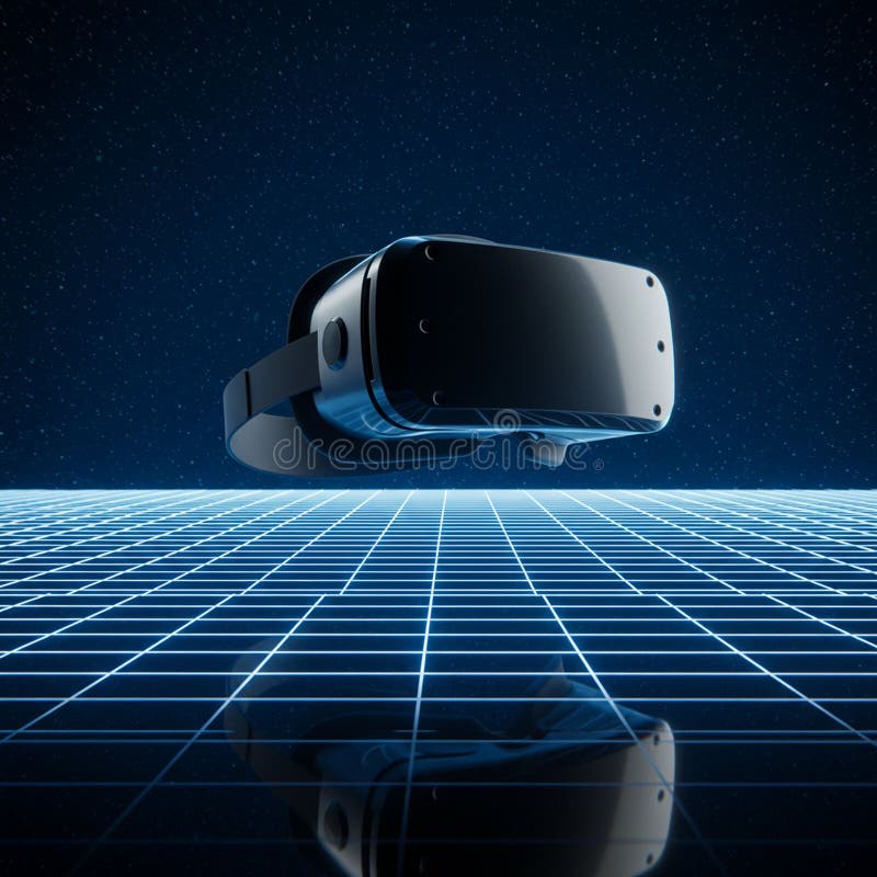 A Virtual Reality Headset Hovers Above a Grid-like Digital Landscape ...