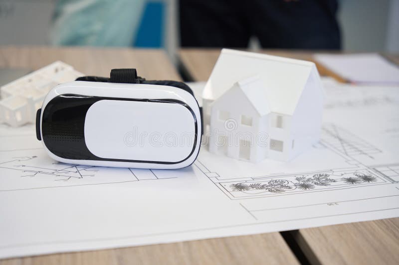 Virtual Reality Headset Lying on House Blueprint Stock Image - Image of ...