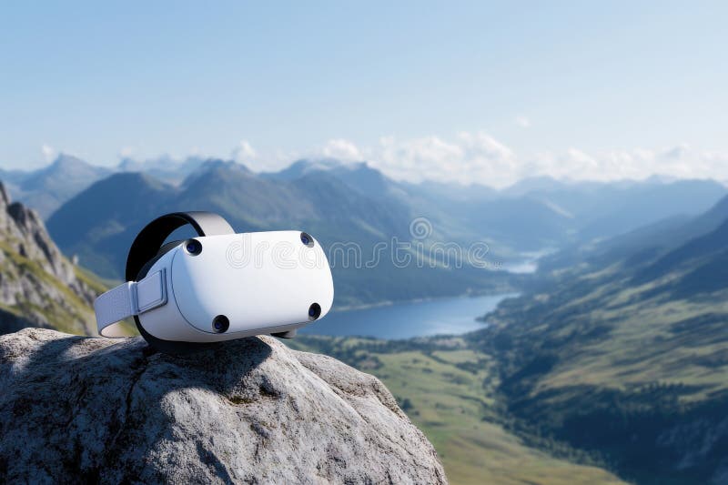 Virtual Reality Headset on Mountain Overlooking Scenic Valley and Lake ...