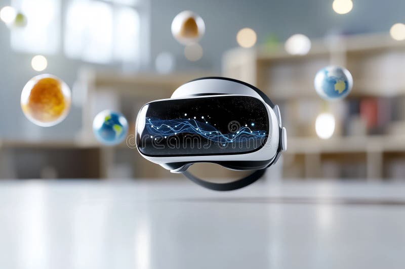 Virtual Reality Headset Positioned on Clean Surface with Floating Globe ...