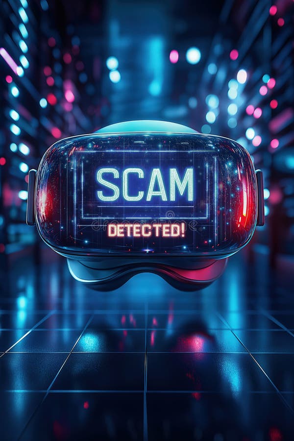 Virtual Reality Headset with Scam Alert in a Futuristic Digital ...