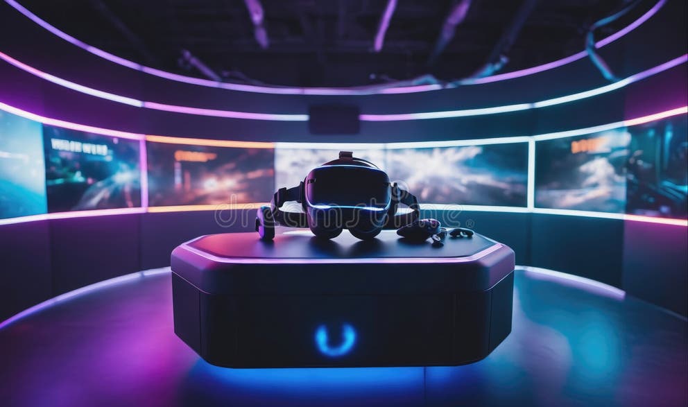 A Virtual Reality Headset Sits on a Platform in Front of a Curved Wall ...