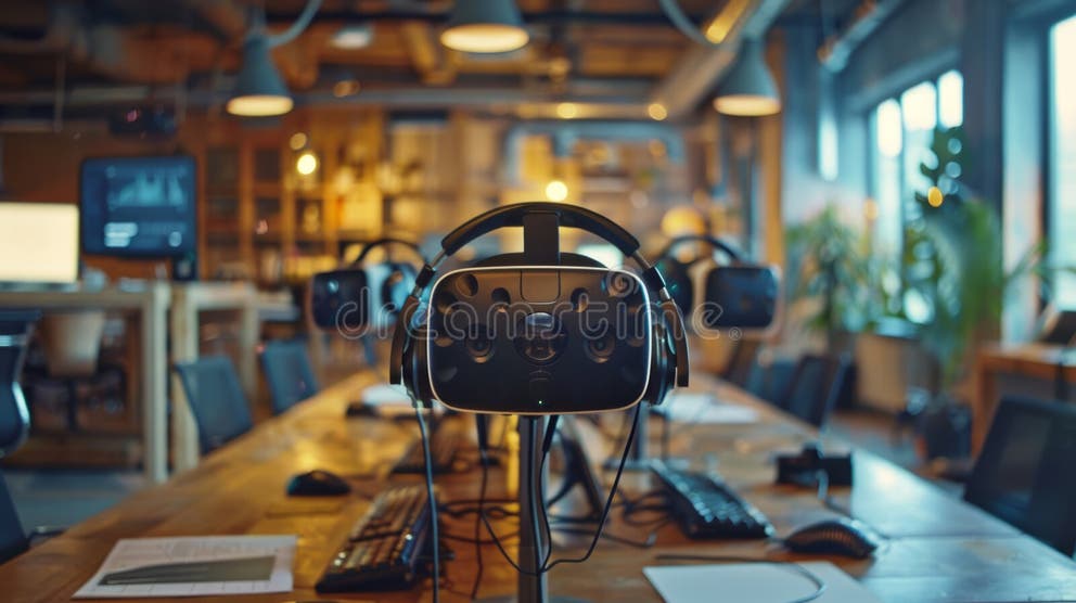 Virtual Reality Headset Stands on a Desk in a Modern Office Environment ...