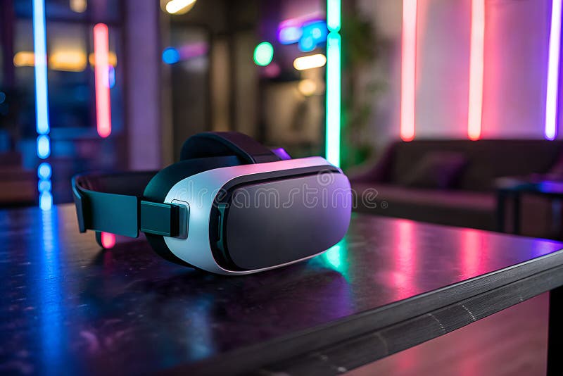 Virtual Reality Headset on Table in Neon-lit Room Stock Illustration ...