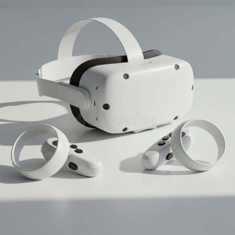 A Virtual Reality Headset and Two Handheld Controllers, All in White ...