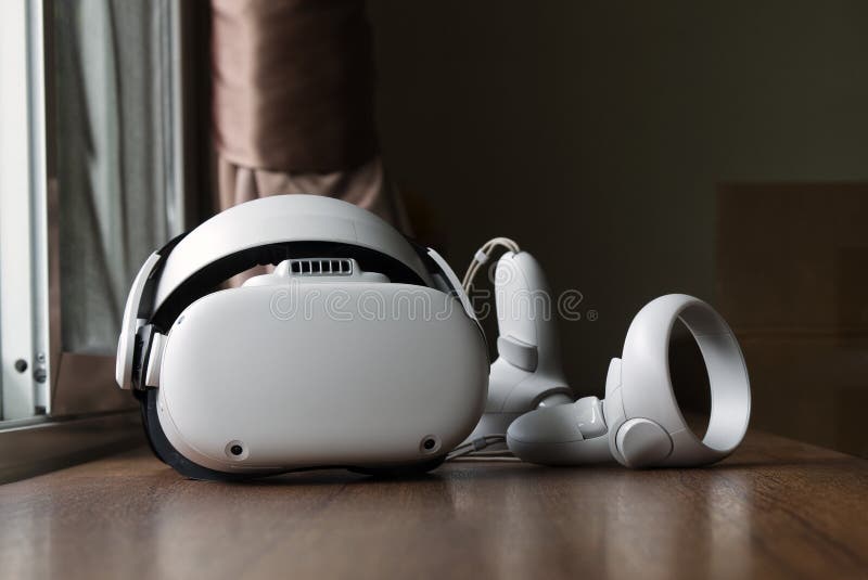 Virtual Reality Headset on the Wood Table in the Morning, Interactive ...