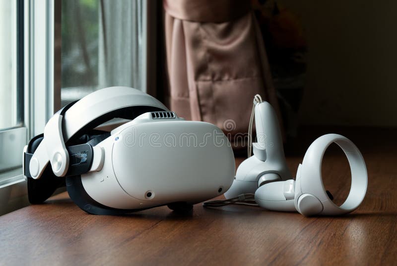 Virtual Reality Headset on the Wood Table in the Morning, Interactive ...