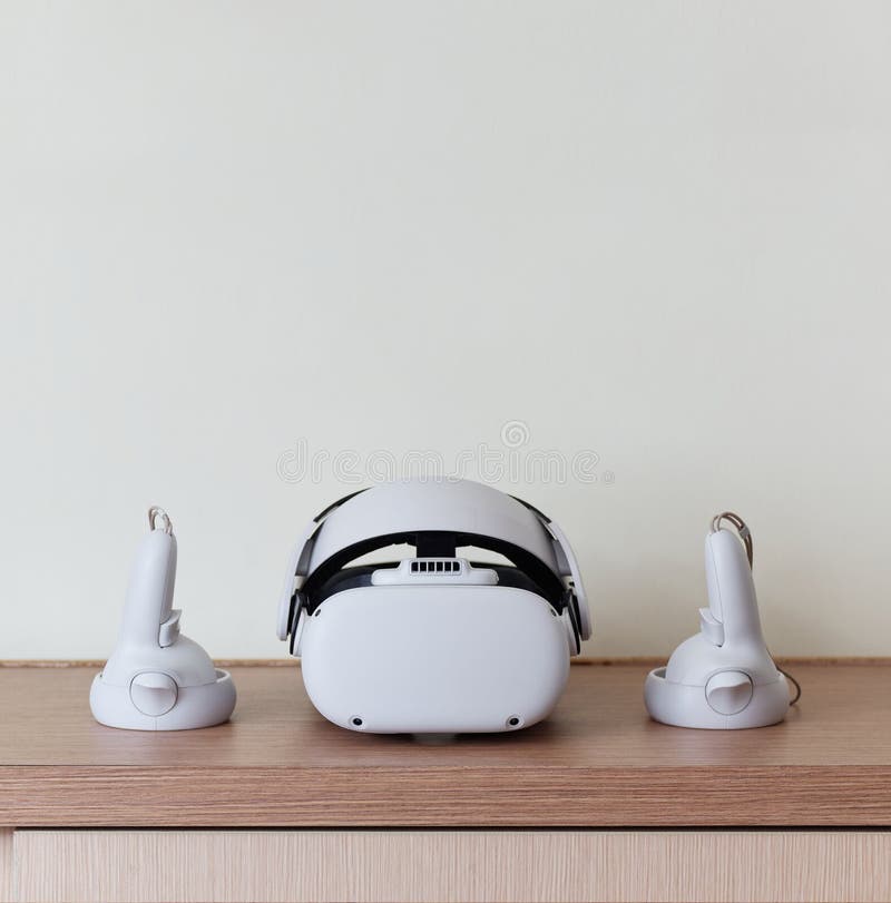 Virtual Reality Headset on the Wood Table in the Morning, Interactive ...