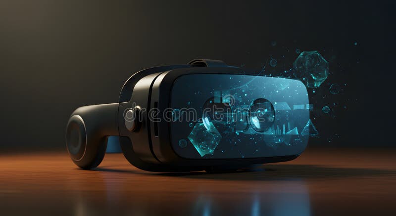 Virtual Reality Headset on Wooden Surface Displaying Abstract Digital ...