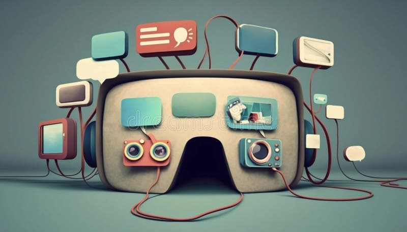 Virtual Reality Helmet Connected To Social Networks. Concept of Virtual ...