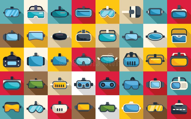 Virtual Reality Helmet Icons Set Flat Vector. Game Vr Stock Vector ...