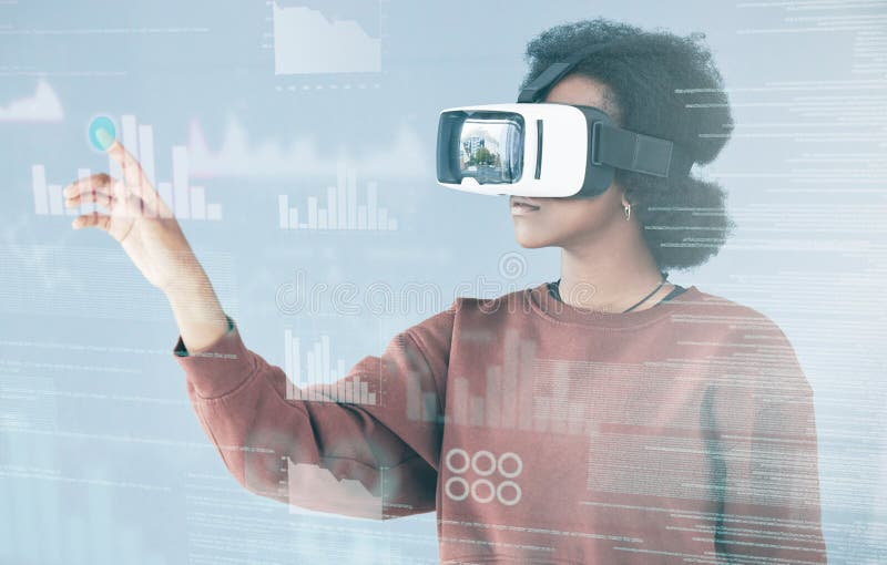 Virtual Reality, Hologram Statistics and Woman in Studio with User ...