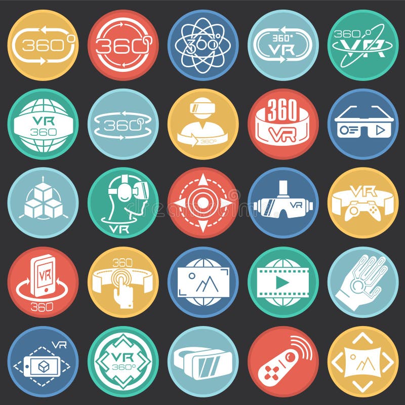 Virtual Reality Icons Set on Color Circles Black Background for Graphic ...
