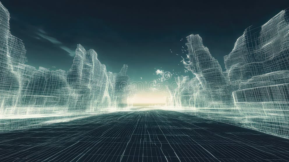 Virtual Reality Landscape with Grid Terrain and Glowing Horizon Stock Image - Image of computer ...