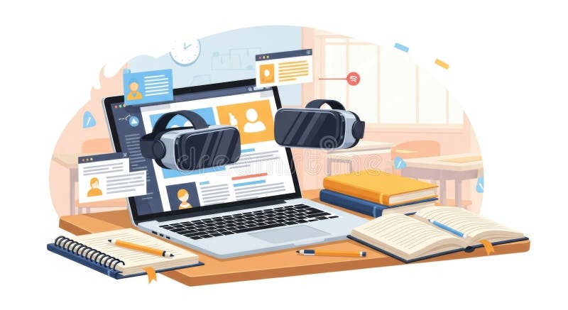 Virtual Reality Learning: Laptop, VR Headsets, Books, and Study ...