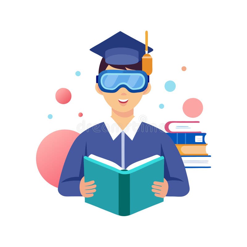 Virtual Reality Learning: Student in VR Goggles with Books and ...