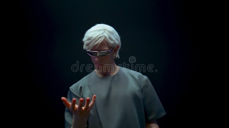 Virtual Reality Man Glasses Experience Simulation Closeup. Futuristic ...