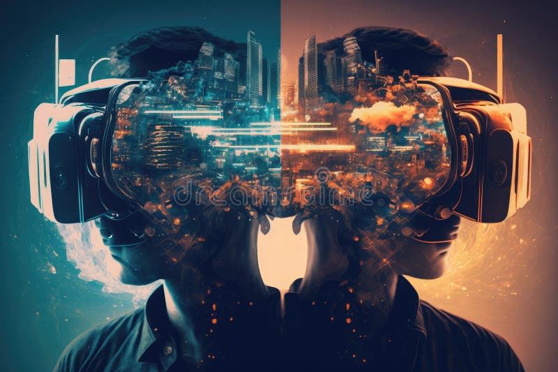VR Headset, Double Exposure, Metaverse, Futuristic Virtual World, State ...