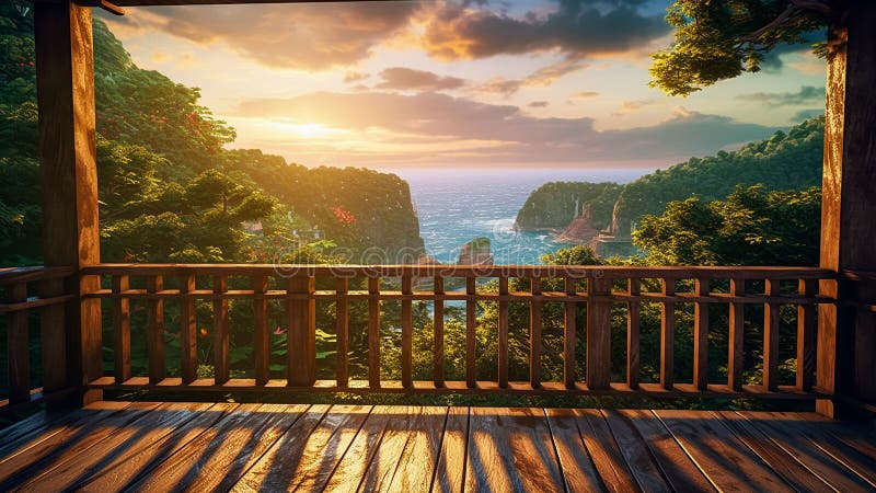 Virtual Reality Panoramic View with Wood Deck and Natural Ocean Scenery ...