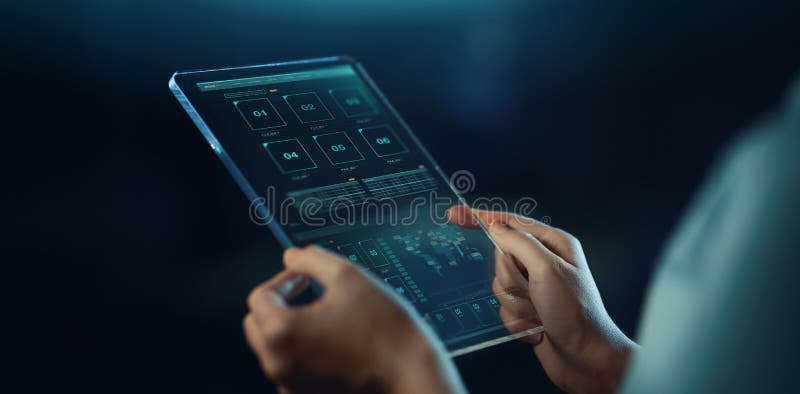 Hands with Transparent Tablet Pc and Hologram Stock Image - Image of ...