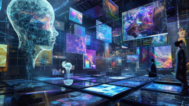 Virtual Reality Room with Digital Displays Stock Image - Image of ...