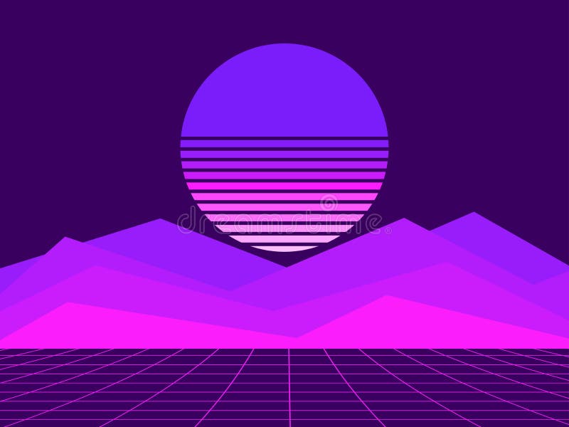 Virtual Reality Sunset in the Style of 80s. Sci-fi Landscape with Retro ...