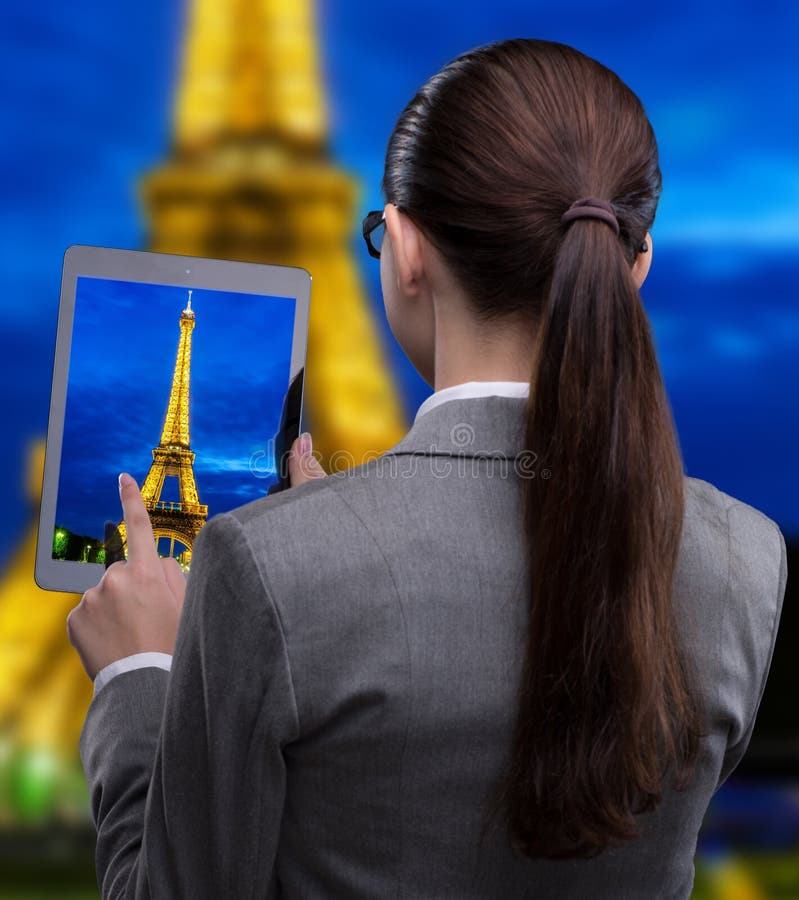 Virtual Reality Travel Concept with Woman and Tablet Stock Image ...