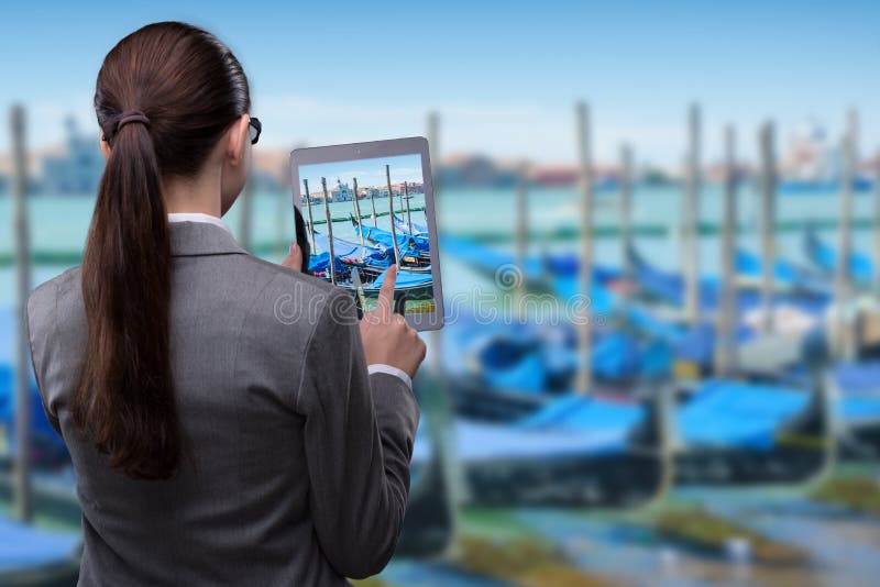 The Virtual Reality Travel Concept with Woman and Tablet Stock Image ...