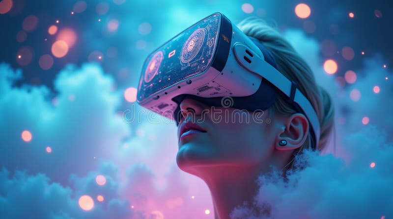 Virtual Reality User Wearing a Headset Surrounded by Glowing Visuals ...