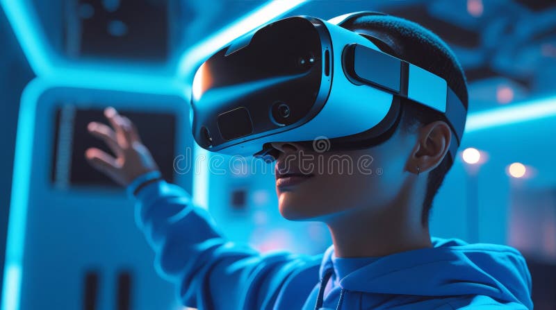 Virtual Reality User Wearing a Headset Surrounded by Glowing Visuals ...