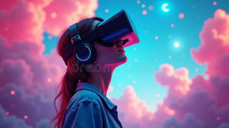 Virtual Reality User Wearing a Headset Surrounded by Glowing Visuals ...