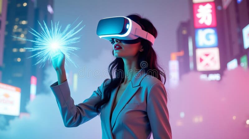 Virtual Reality User Wearing a Headset Surrounded by Glowing Visuals ...