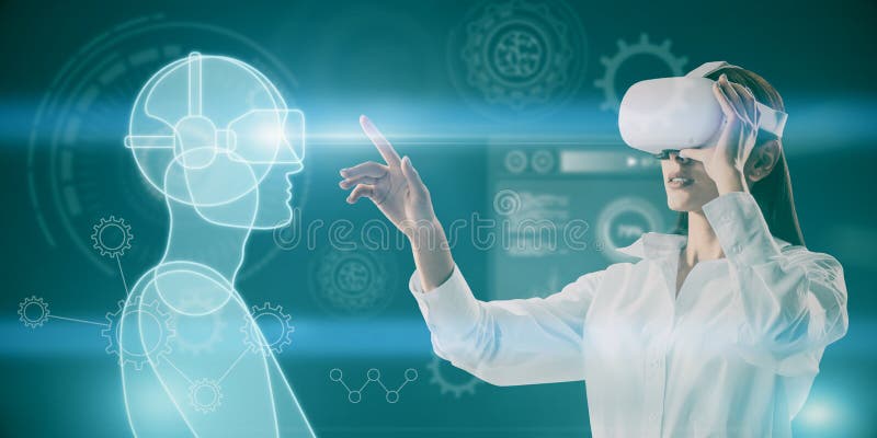 Virtual Reality VR Concept with Woman in Headset Creating an Avatar in ... Virtual Reality VR Concept with Woman in Headset Creating an Avatar in ...