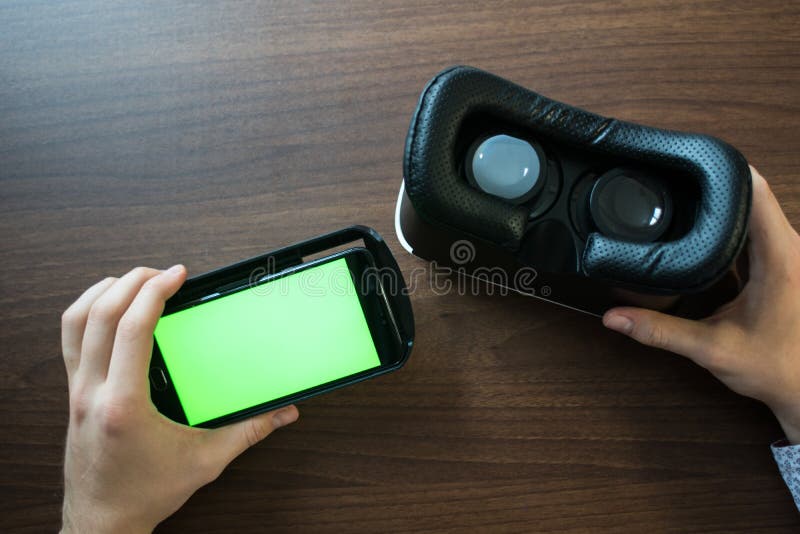 Virtual Reality, VR, Helmet and Smartphone with Green Screen for Key ...