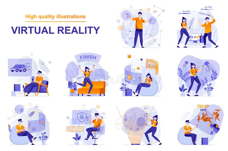 Virtual Reality Web Concept with People Scenes Set in Flat Style Stock ...