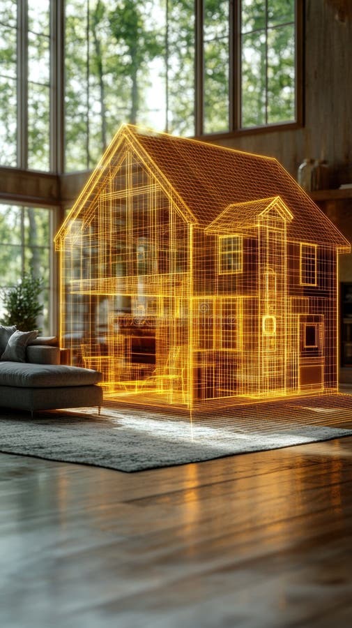 Virtual Reality Wireframe Model of Modern Home in Sunlit Living Room ...