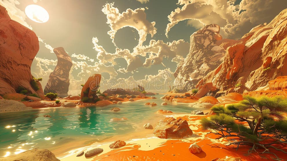 Virtual Reality World with Digital Landscapes Stock Illustration ...