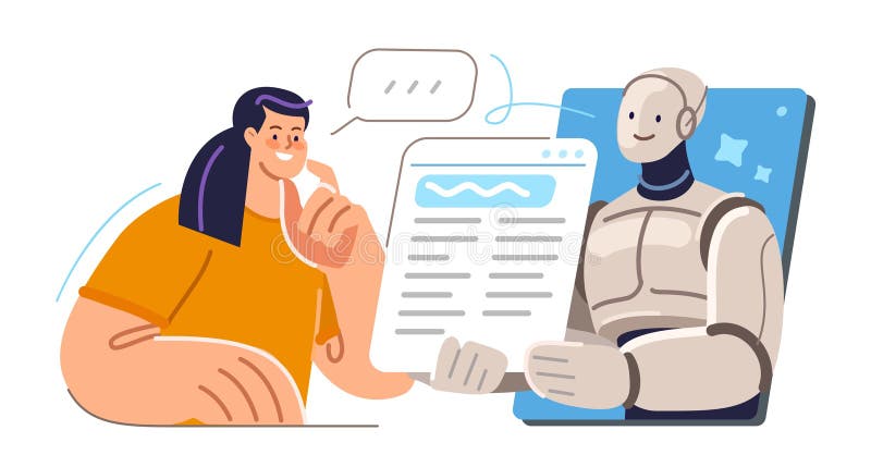 Woman Receives Information Using Artificial Intelligence. Virtual Robot ...