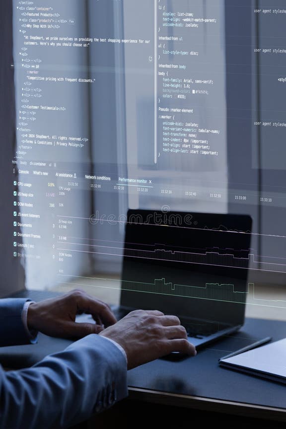 Virtual Screen Displaying Fictional E-commerce Web Code, User Interface Styling, and System ...