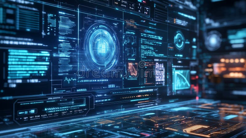 Futuristic Digital Interface Technology Screen Data Blue Neon Web Code ...