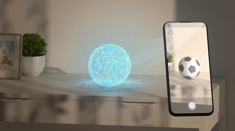Virtual Soccer Ball Hologram on Table Phone Display Augmented Reality ...