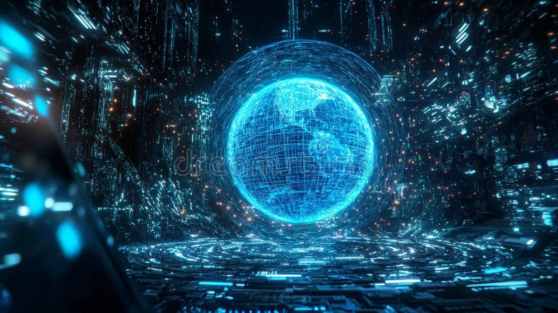 A Virtual Space Setting with a Futuristic Globe, Complete with Luminous ...